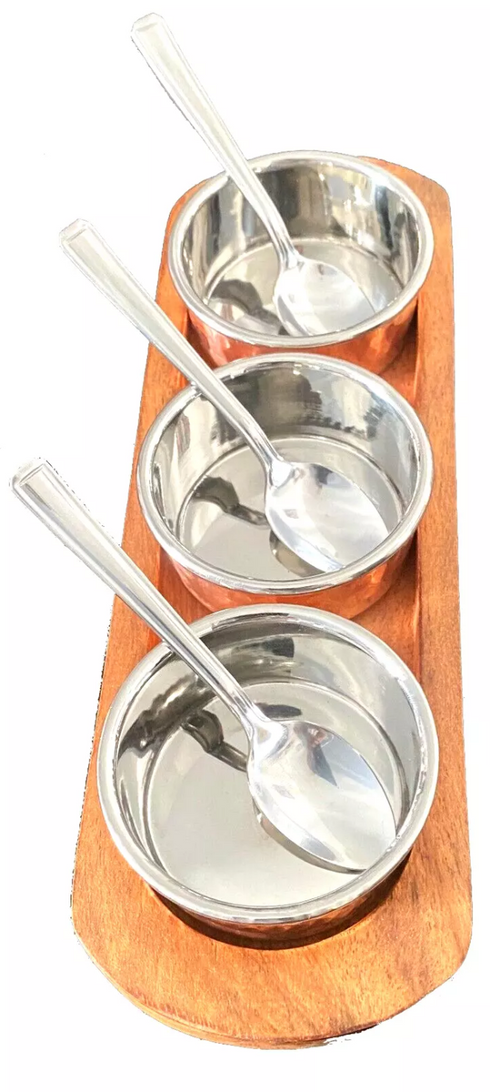 Copper Chutney Tray 3 Pot Relish Pickle 7 pcs Wood Base Set Restaurant ...